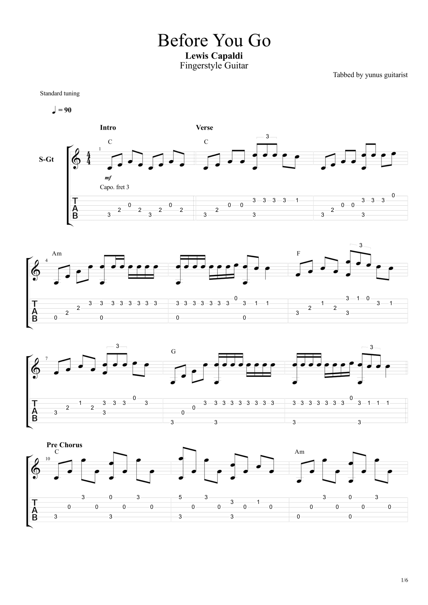 Before You Go - Lewis Capaldi (PDF) - Yunus Guitarist