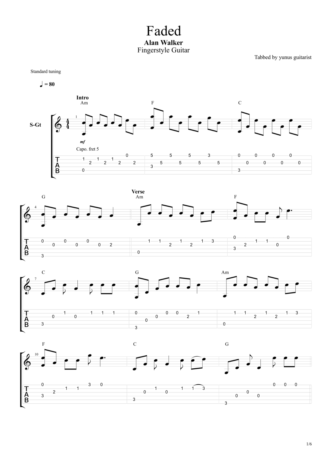 Faded – Alan Walker (PDF) – Yunus Guitarist