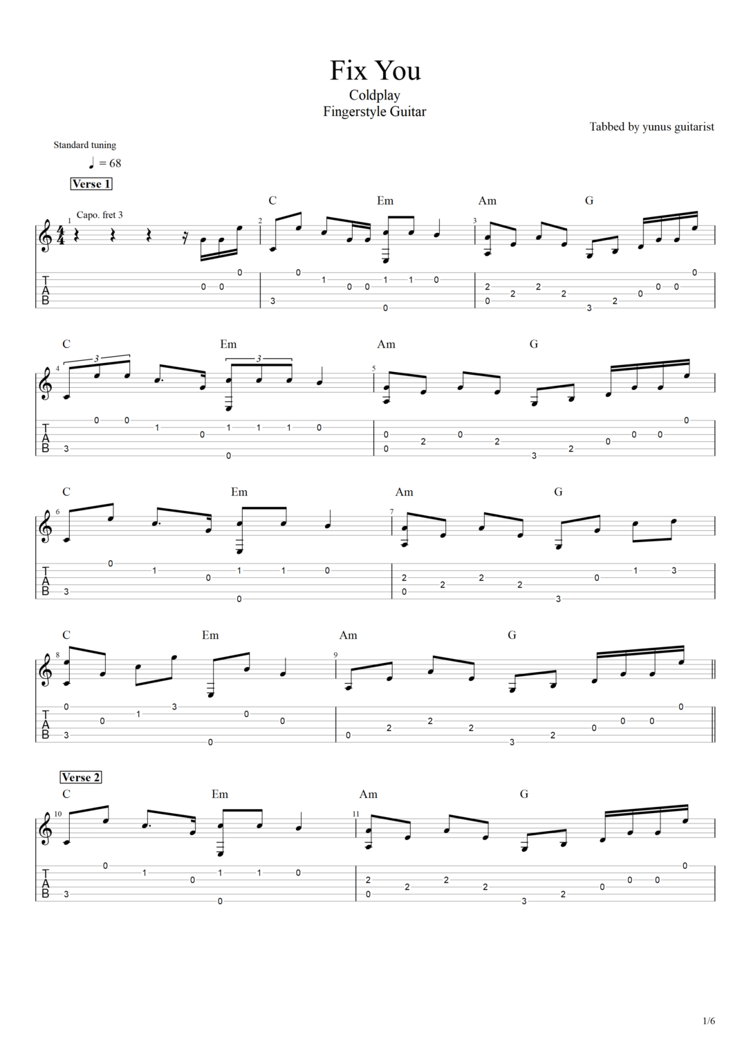 Fix You - Coldplay (PDF) - Yunus Guitarist