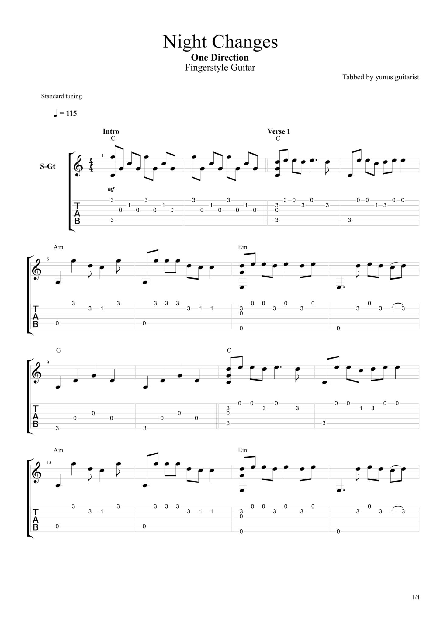 Night Changes - One Direction (PDF) - Yunus Guitarist