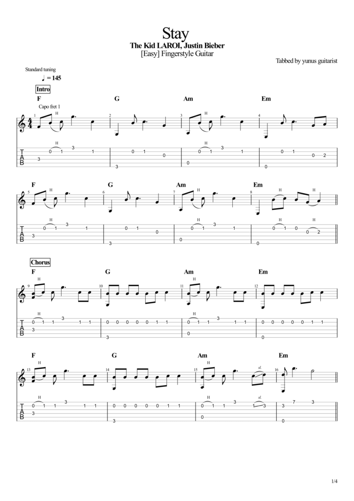 Stay - The Kid LAROI, Justin Bieber (PDF) - Yunus Guitarist