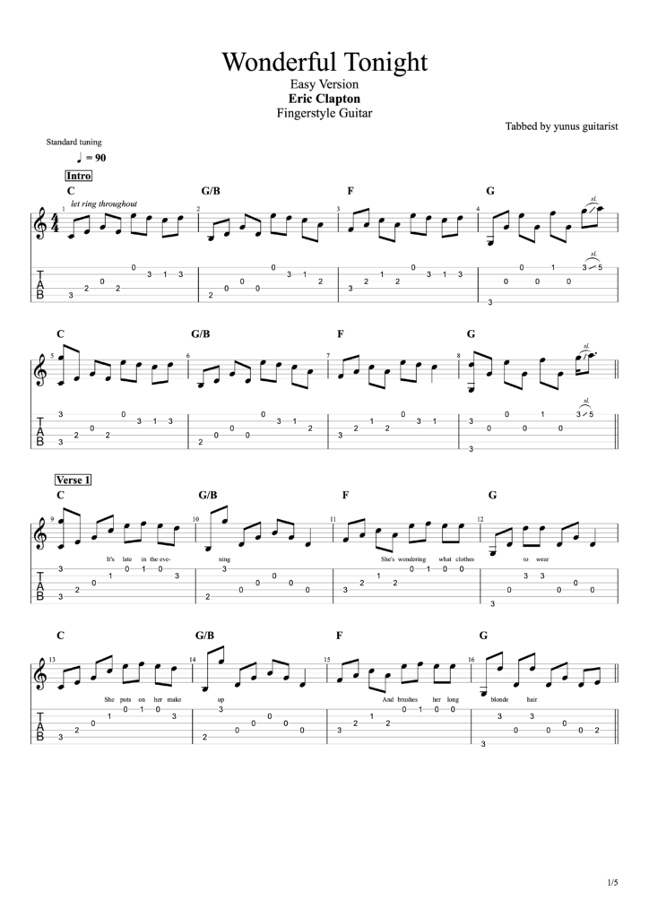 Wonderful Tonight - Eric Clapton - EASY VERSION - Lyrics (PDF) - Yunus ...