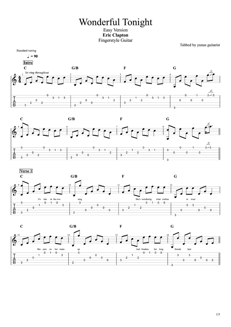 Wonderful Tonight - Eric Clapton - EASY VERSION - Lyrics (PDF) - Yunus ...