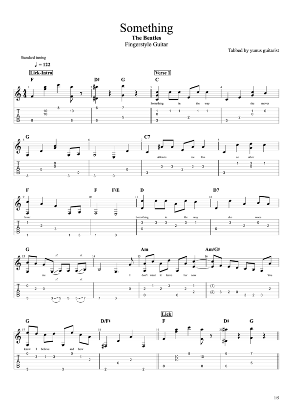 Something - The Beatles - Fingerstyle - Lyrics (PDF) - Yunus Guitarist